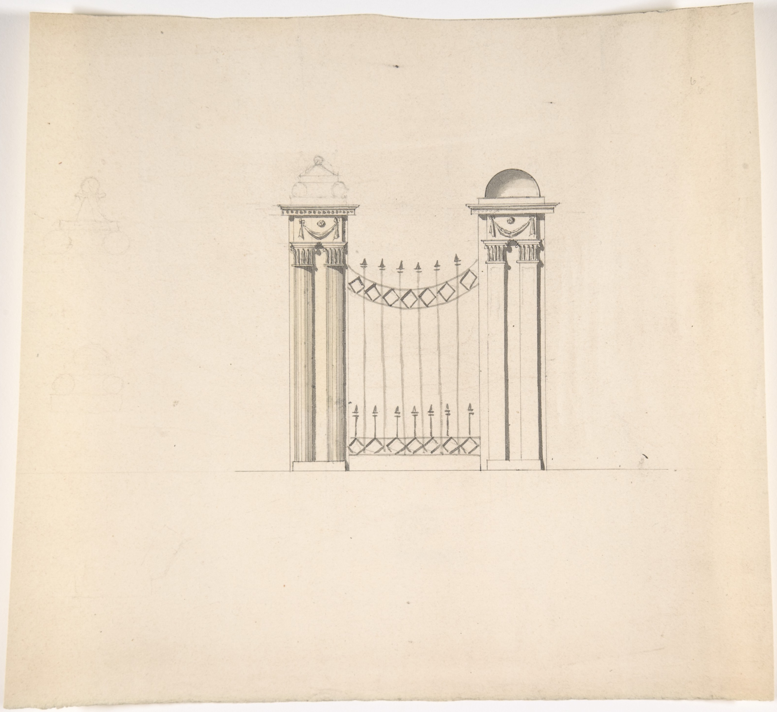 Anonymous, British, 18th century | Design for Gate Piers with Paired ...