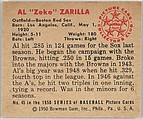 Issued by Bowman Gum Company - Al "Zeke' Zarilla, Outfield, Boston Red ...