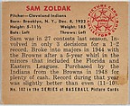 Issued by Bowman Gum Company | Sam Zoldak, Pitcher, Cleveland Indians ...