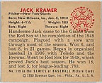 Issued by Bowman Gum Company - Jack Kramer, Pitcher, New York Giants ...