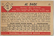 Issued by Bowman Gum Company - Al Dark, Shortstop, New York Giants ...