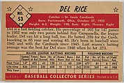 Issued by Bowman Gum Company | Del Rice, Catcher, St. Louis Cardinals ...