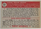 Issued by Topps Chewing Gum Company - Card Number 231, Sam Zoldak ...