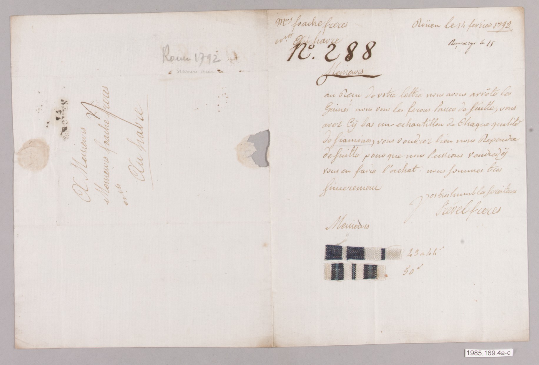 Letter with textile samples | French | The Metropolitan Museum of Art